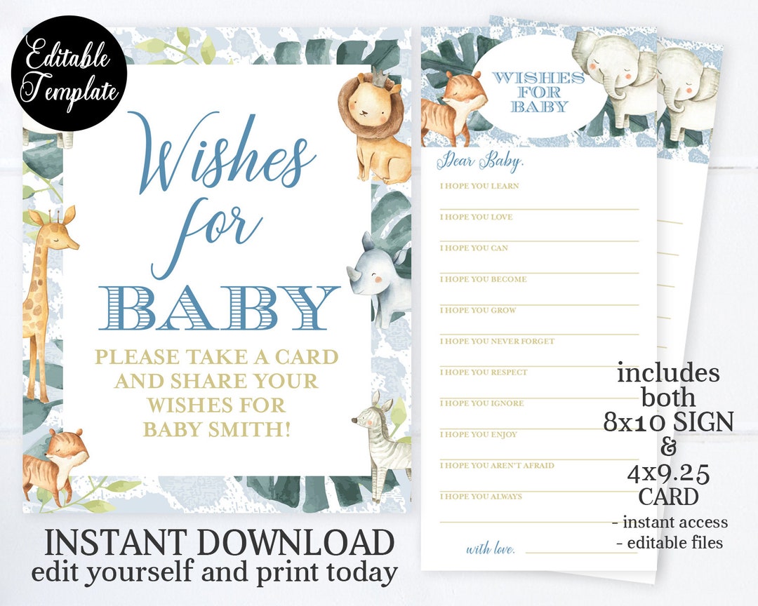 EDITABLE Safari Boy Wishes for Baby Sign and Note Cards, Printable Baby ...