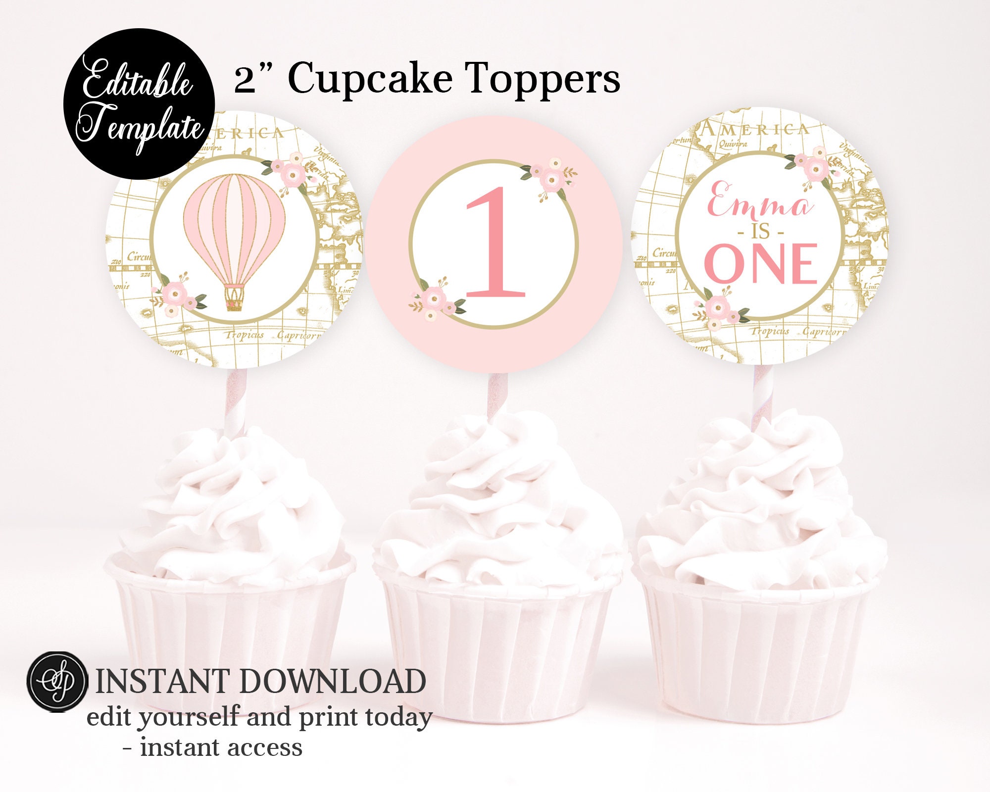 2 Cupcake Toppers EDITABLE Hot Air Balloon Birthday | Etsy