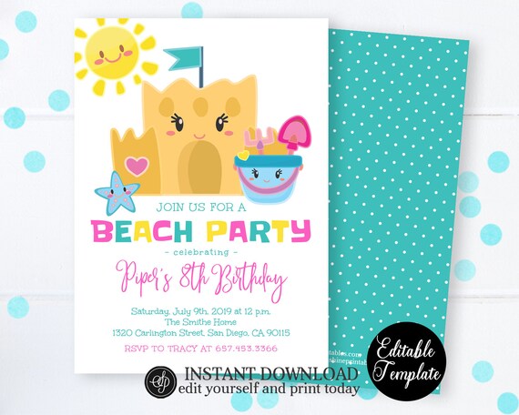 Summer Beach Birthday Invitation, Beach Party Invitation, Printable ... Summer Beach Birthday Invitation, Beach Party Invitation, Printable ...