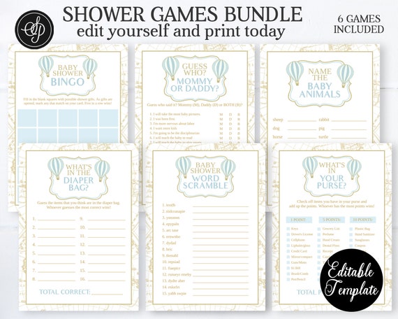 BLUE Hot Air Balloon Baby Boy Shower 6 Game BUNDLE, Six Printable Baby ...