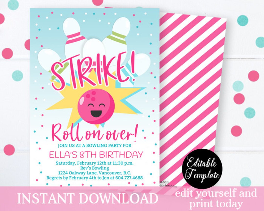Girl Bowling Birthday Party Invitation Pink Bowling Birthday - Etsy
