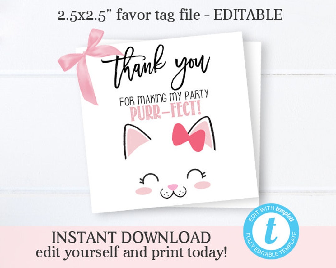 Kitty Cat Birthday Favor Tag Printable File Instant Download Editable ...