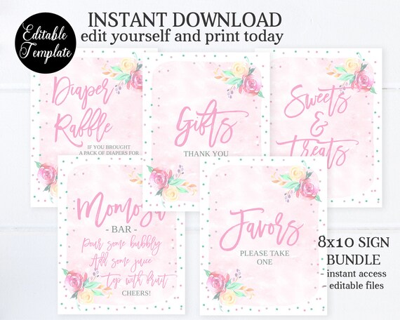 Pink Floral Baby Shower Sign Bundle, Printable Baby Shower Signs, Baby ...