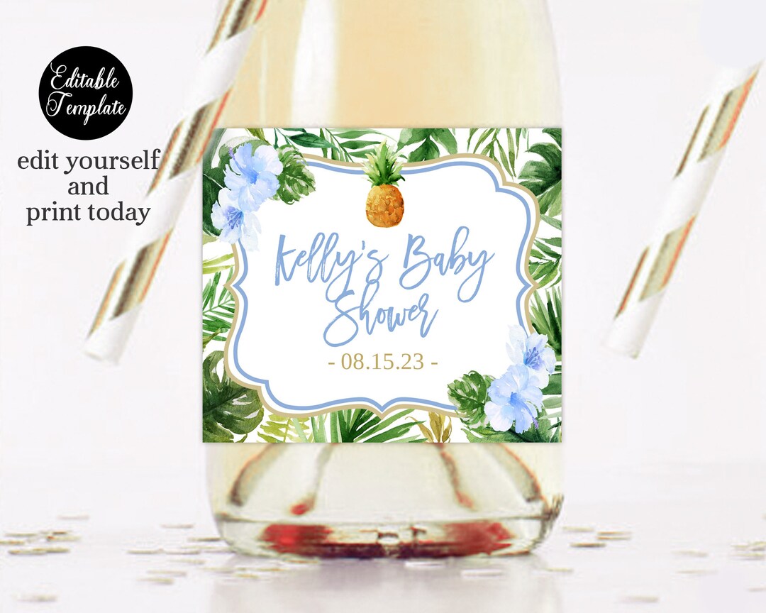 EDITABLE Tropical Champagne Bottle Sticker Labels, Hawaiian Baby Boy ...
