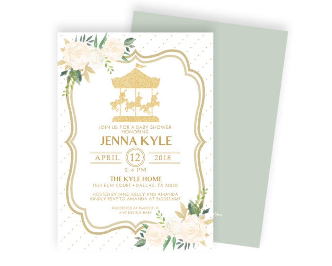 Carousel Baby Shower Invitation White & Gold Carousel Invitation Gender ...