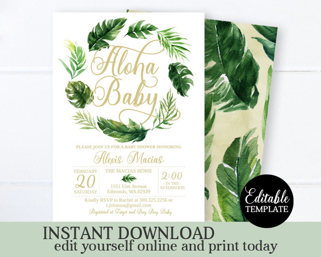 Invitación de baby shower Aloha, plantilla editable imprimible ...