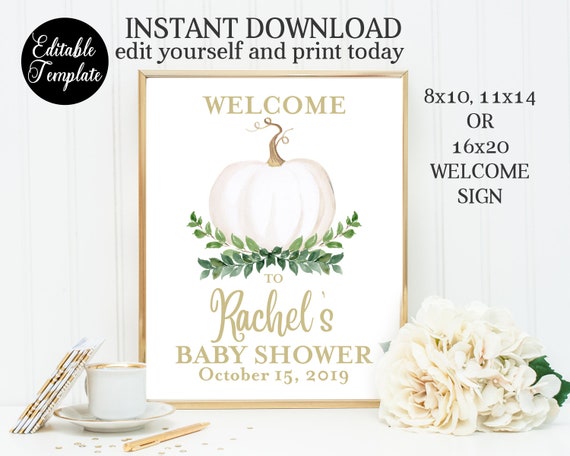Fall Greenery Pumpkin Baby Shower Welcome Sign, 8x10, 11x14, 16x20 ...