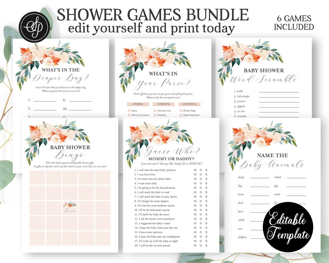 Printable Fall Pumpkin Baby Shower Game BUNDLE, Six Printable Fall Baby ...