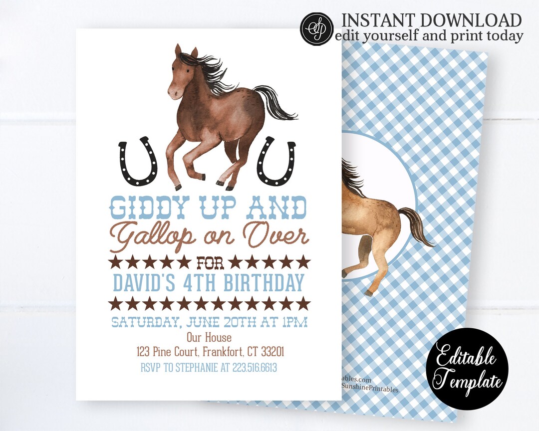 Horse Birthday Invitation for Boy, Horse Birthday Invitations, Blue ...