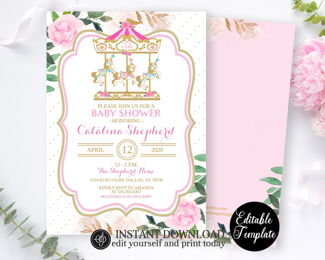Carousel Baby Shower Invitation Girl Printable Carousel Baby - Etsy