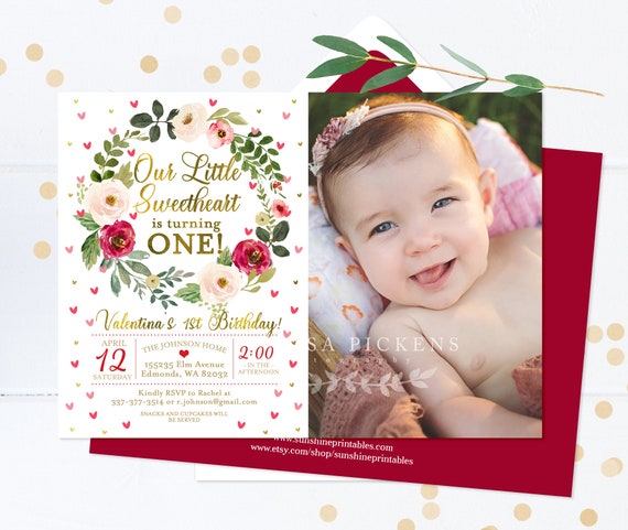 Our Little Sweetheart is Turning One 1st Birthday Invitation Girl ...