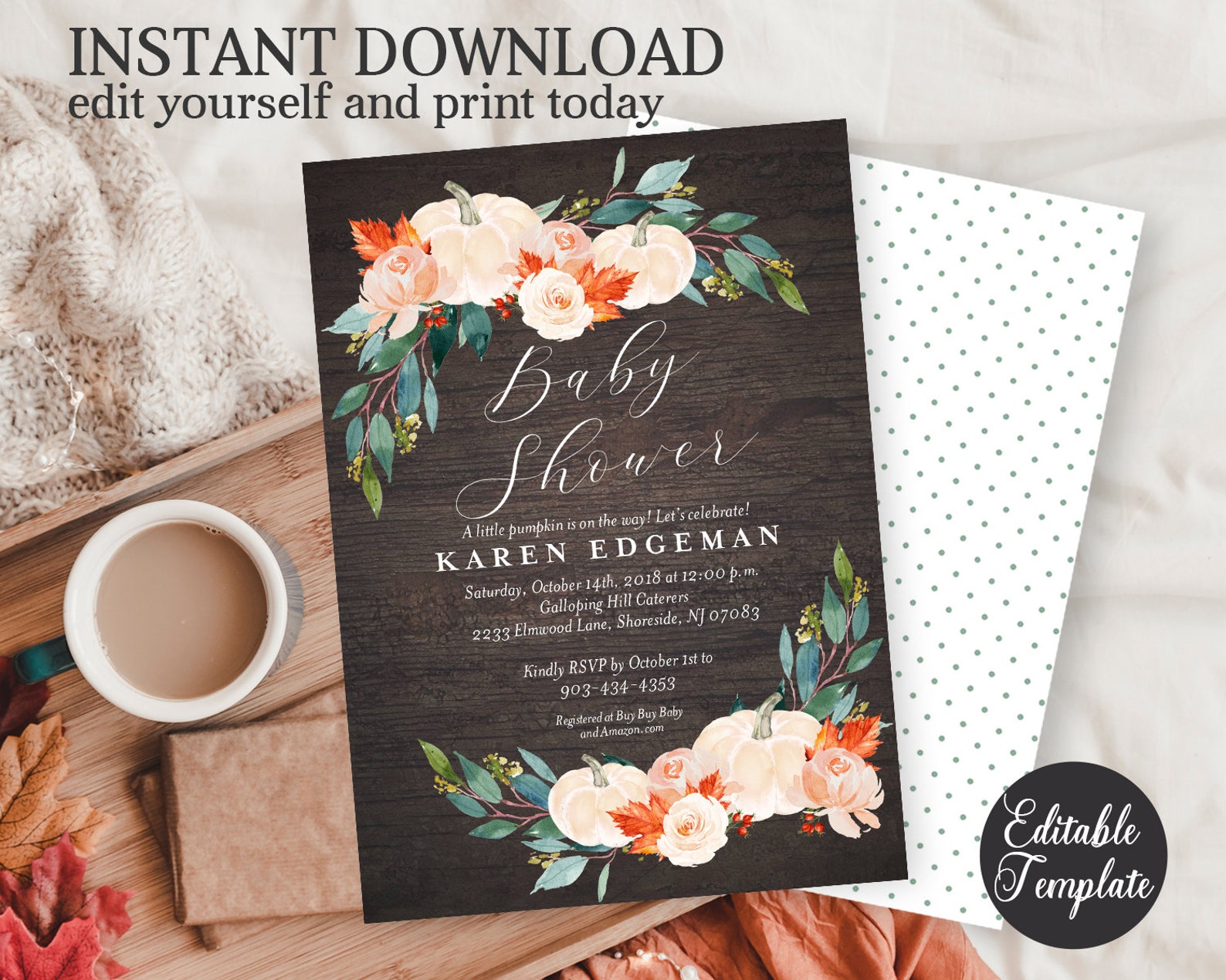 Rustic Fall Baby Shower Invitation EDITABLE TEMPLATE Pumpkin - Etsy