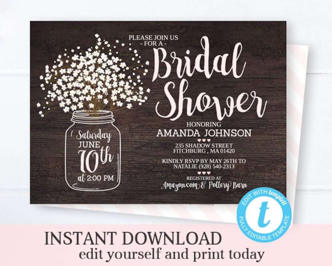 Rustic Bridal Shower Invitation Template Editable Invitation - Etsy