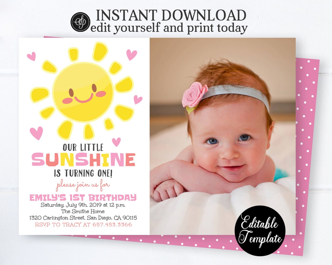 Our Little Sunshine 1st Birthday Invitation With PHOTO, First Birthday ...