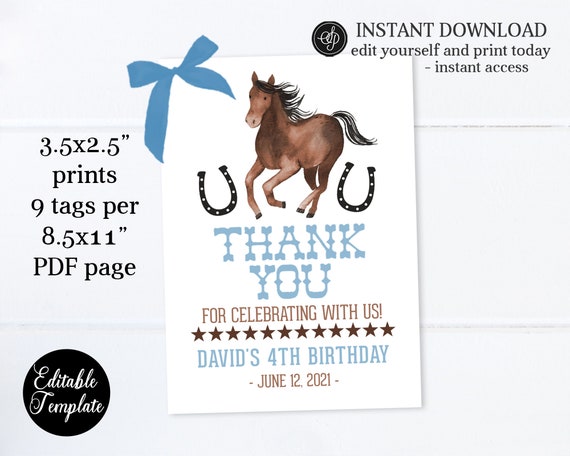 Horse Birthday Party Favor Tag, Horse Party Thank You Tag, Printable ...