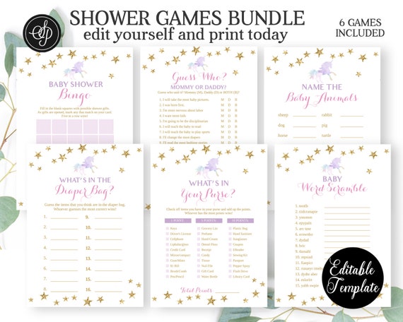Printable Unicorn Baby Shower Game BUNDLE, Six Printable Baby Shower ...