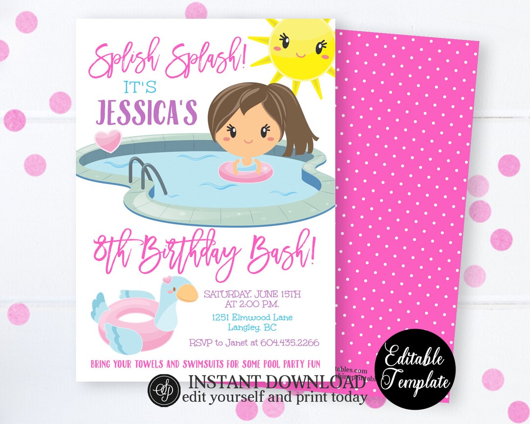 Splish Splash Birthday Bash Pool Party Invitation, Girl Swimming ...