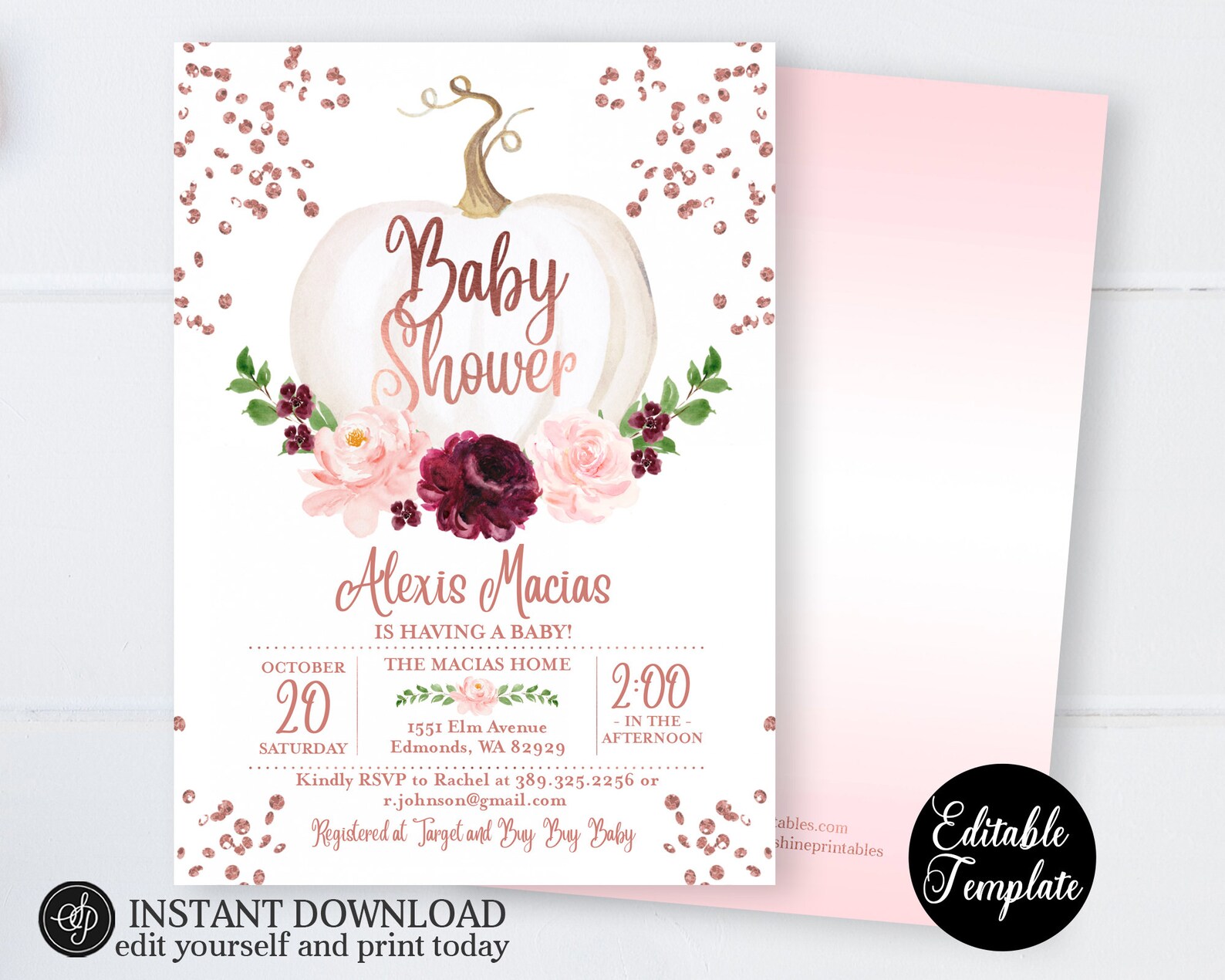 Fall Baby Girl Shower Invitation White Pumpkin Floral Rose | Etsy
