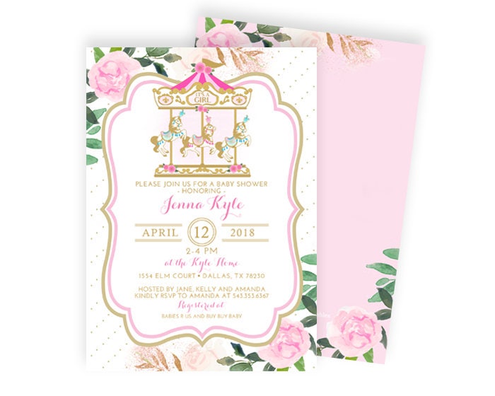 Carousel Baby Shower Invitation Baby Girl Shower Invite Pink | Etsy
