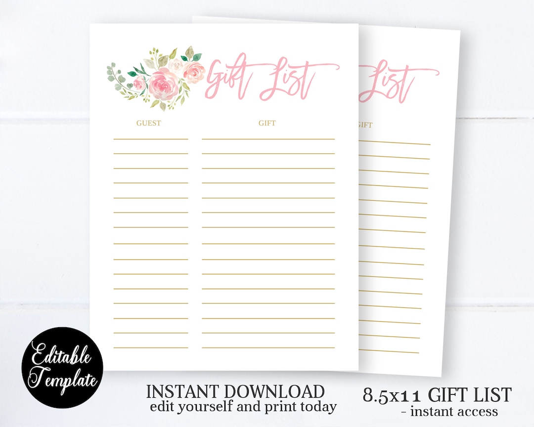 Floral Baby Shower Gift List Printable Gift Tracker Bridal Shower Gift ...