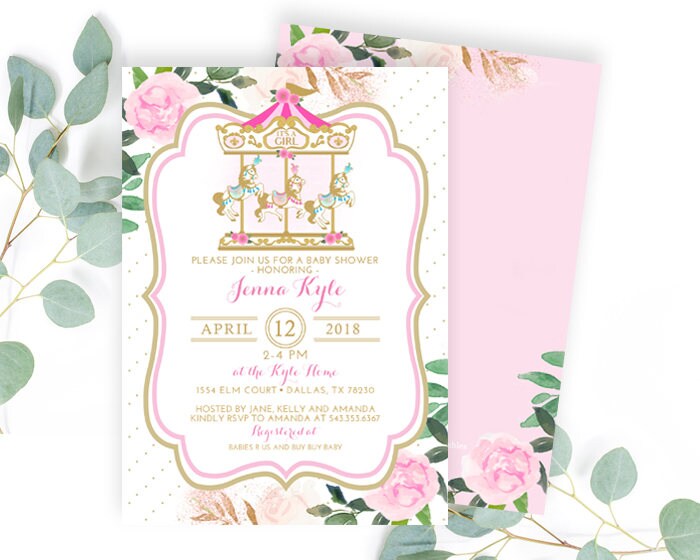 Carousel Baby Shower Invitation Baby Girl Shower Invite Pink | Etsy