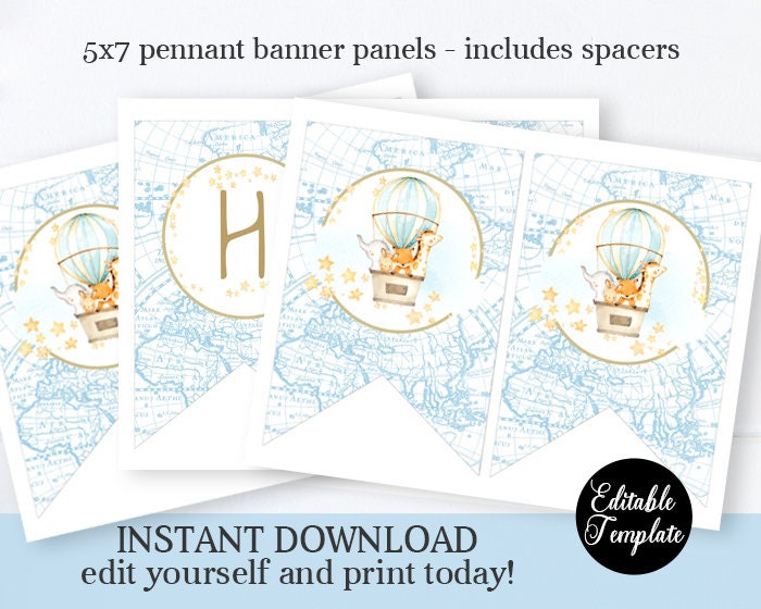 Editable Pennant Banner Hot Air Balloon Baby Shower BOY Blue | Etsy