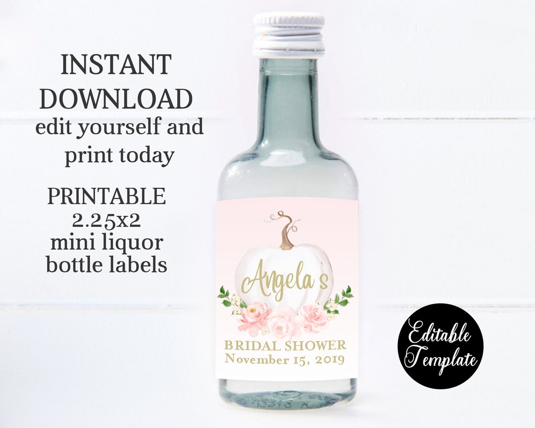 Pink & Gold Printable Floral Pumpkin Mini Liquor Bottle Label, Editable ...