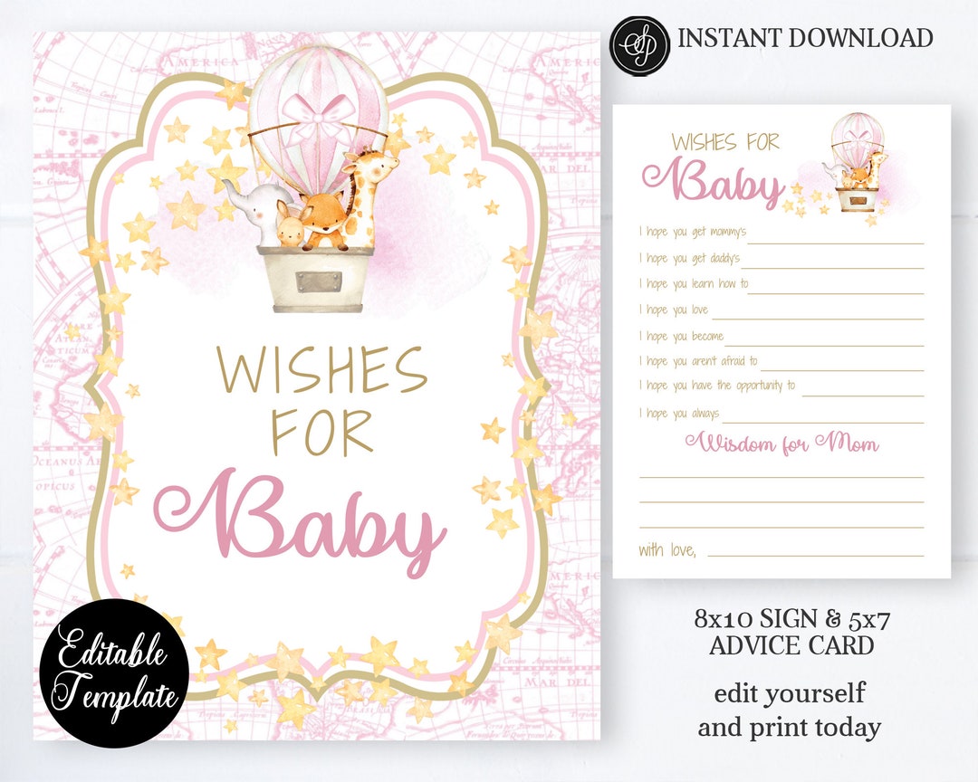 EDITABLE Hot Air Balloon Wishes for Baby Sign and Note Cards, GIRL ...