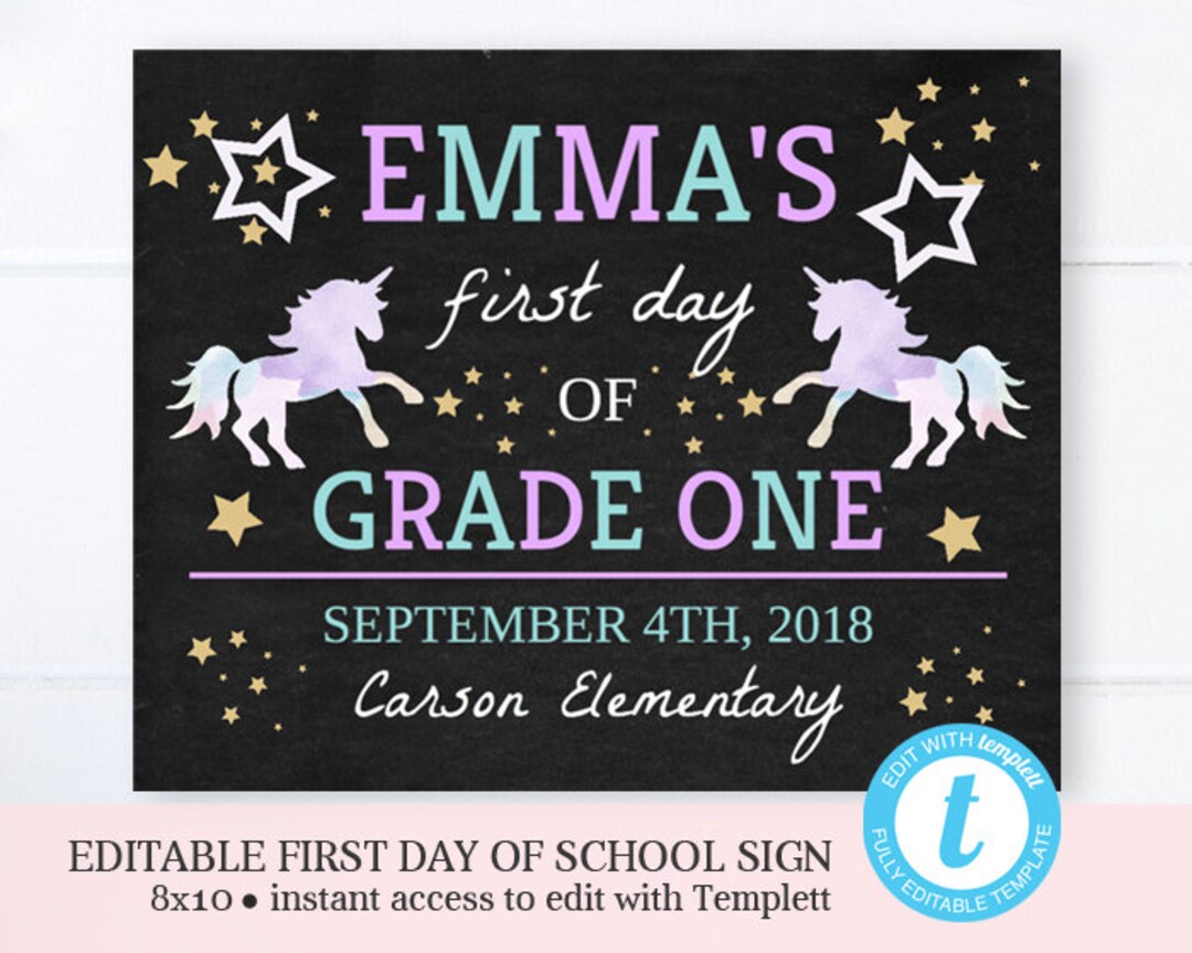 Unicorn First Day of School Chalkboard, First Day Sign, ANY GRADE, Back ...