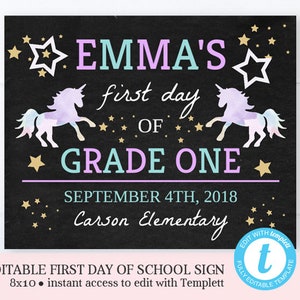 Unicorn First Day of School Chalkboard, First Day Sign, ANY GRADE, Back ...