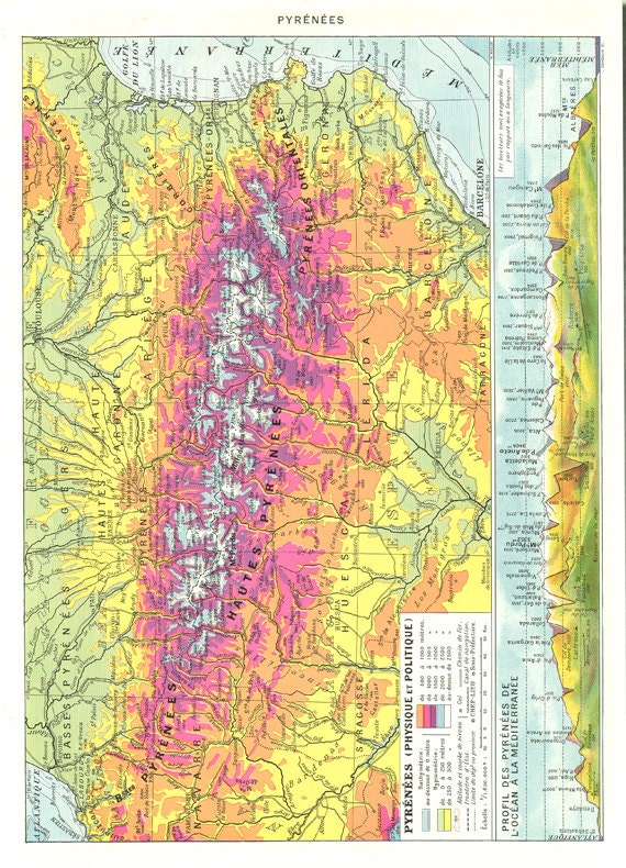 Pyrenees 1936 Vintage Map Wall Hanging Pyrenees Map Mountain - Etsy