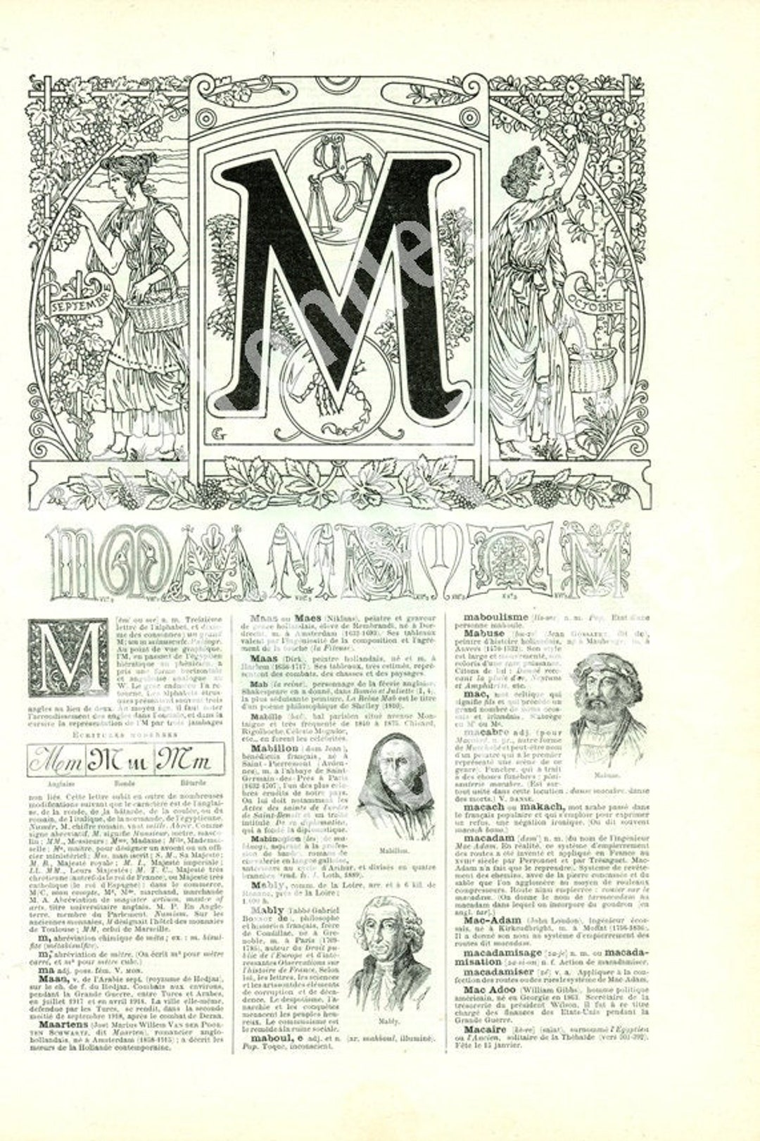 Vintage Letter M Print, 1922 Monogram Initial. Antique Old ABC Alphabet ...