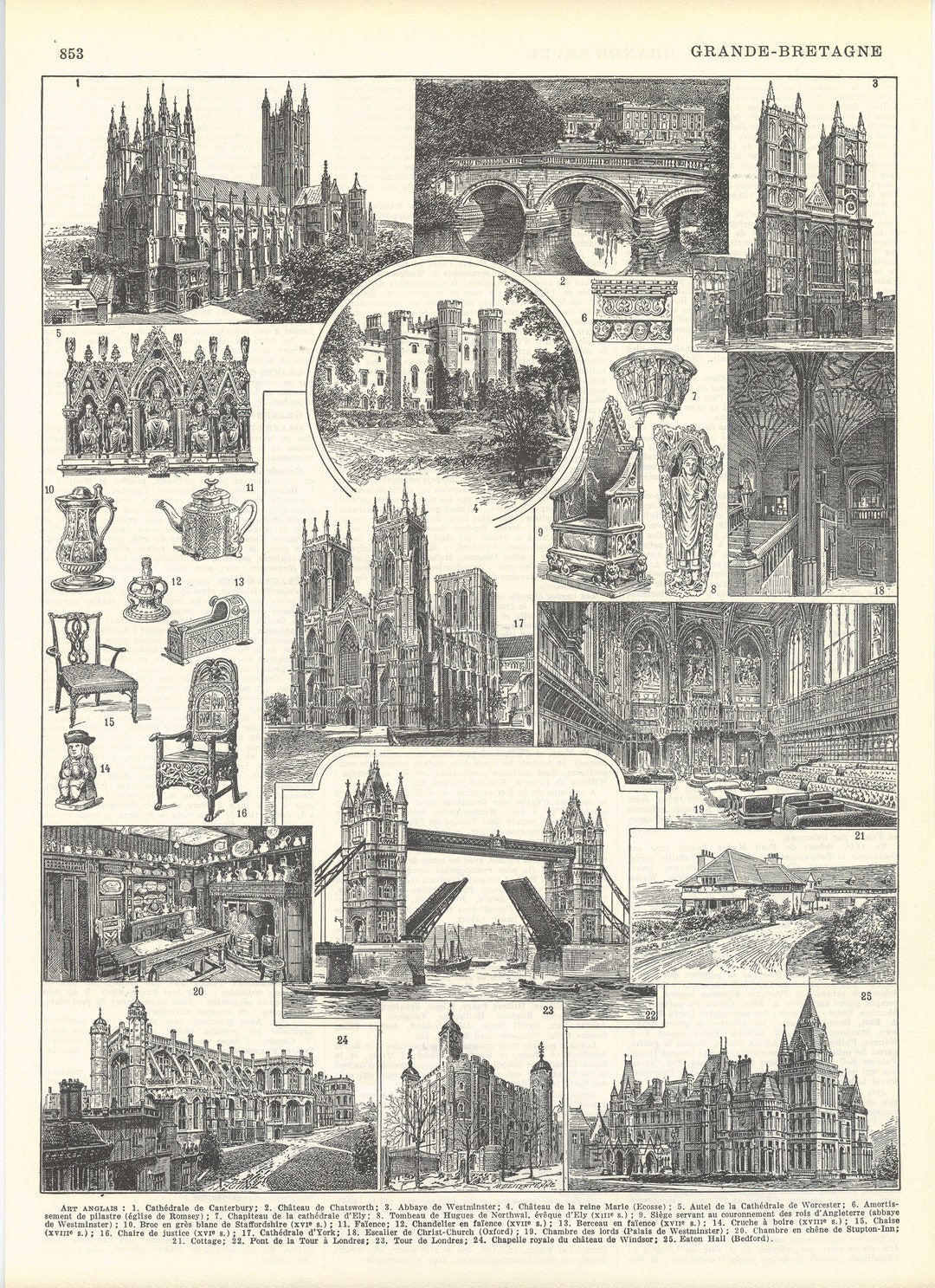 1936 Great Britain Monuments Drawing for Englandwall Decor. Gift for ...