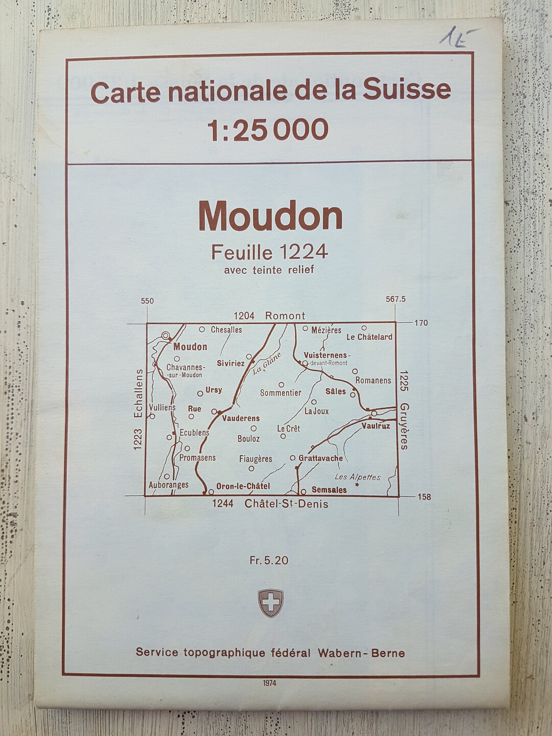1974 Large Moudon Topographic Map Vaud Switzerland. Lac Leman Vintage ...