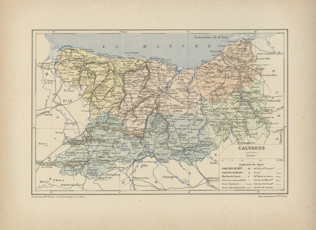1892 Map of Calvados Department Engraving. French Country - Etsy