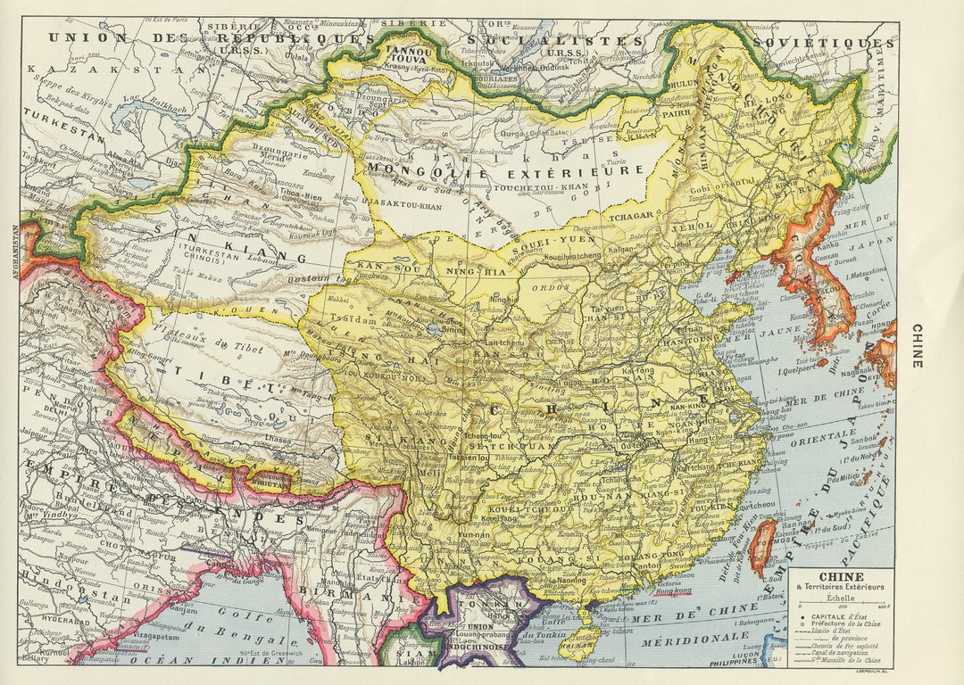 1936 Antique Map of China. Small Vintage Map Home Decor. Chinese Wall ...