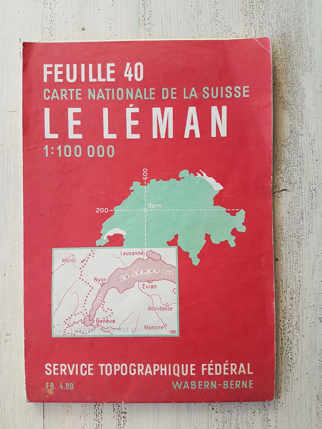 1959 Map of Lake Leman Geneva. Distressed Large Leman France ...