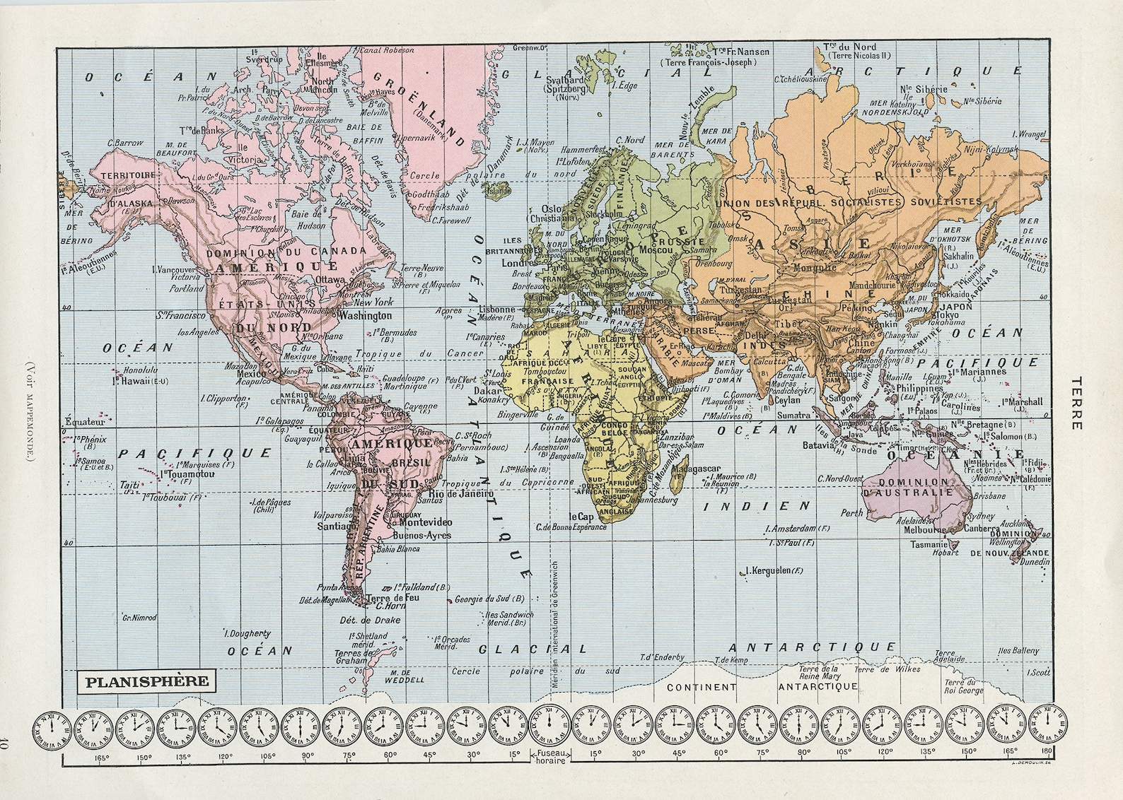 1936 Antique World Map With Timezones. Vintage French Earth - Etsy