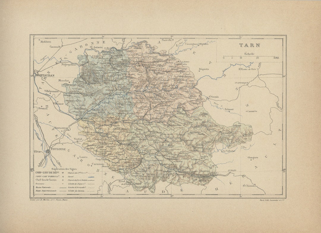 1892 Map of Tarn Engraving. French Country Decor. Map Wall Hanging ...