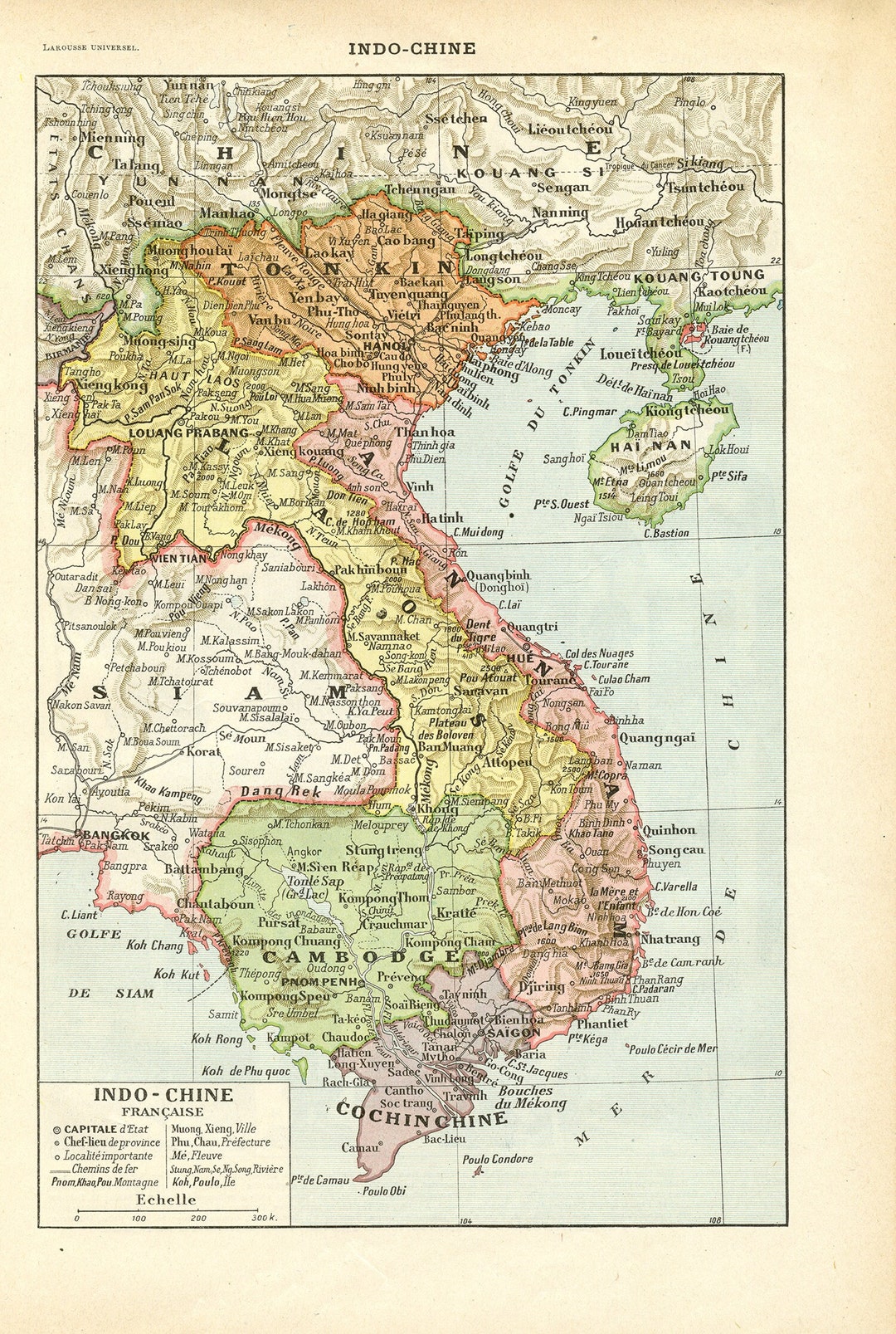 Small Antique Indochina Map From 1922 for Vintage South-east Asian ...