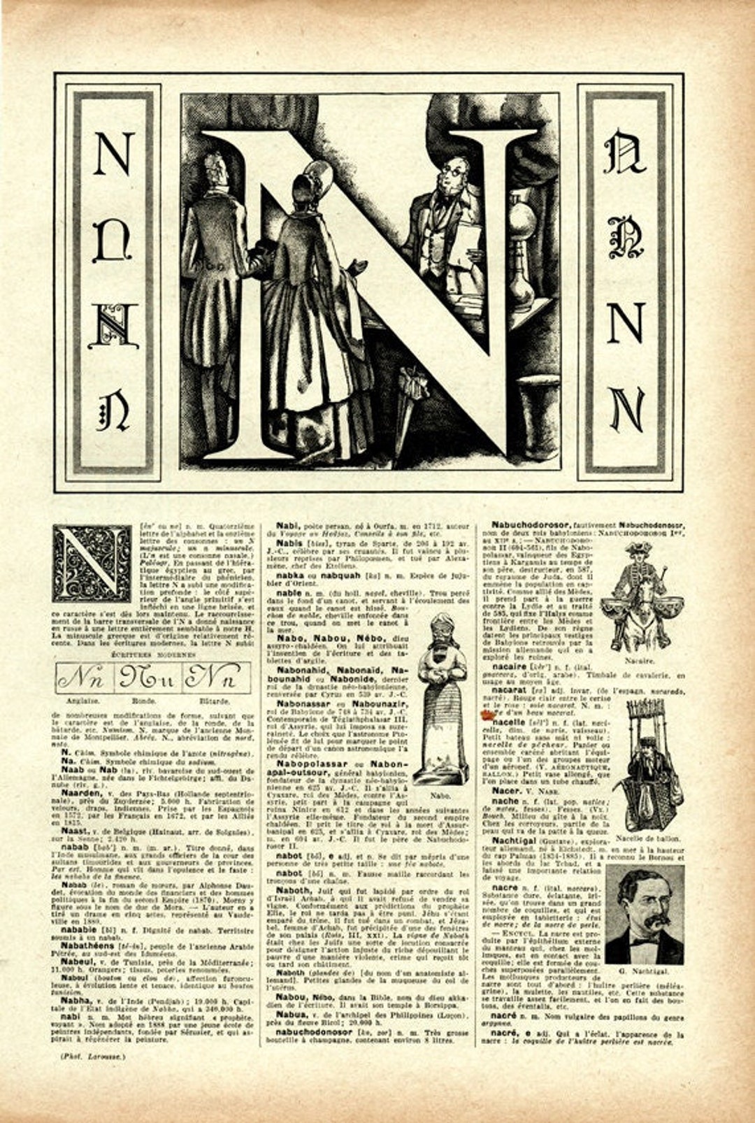 1948 Letter N Vintage Calligraphy Initial N French Dictionary Page ...