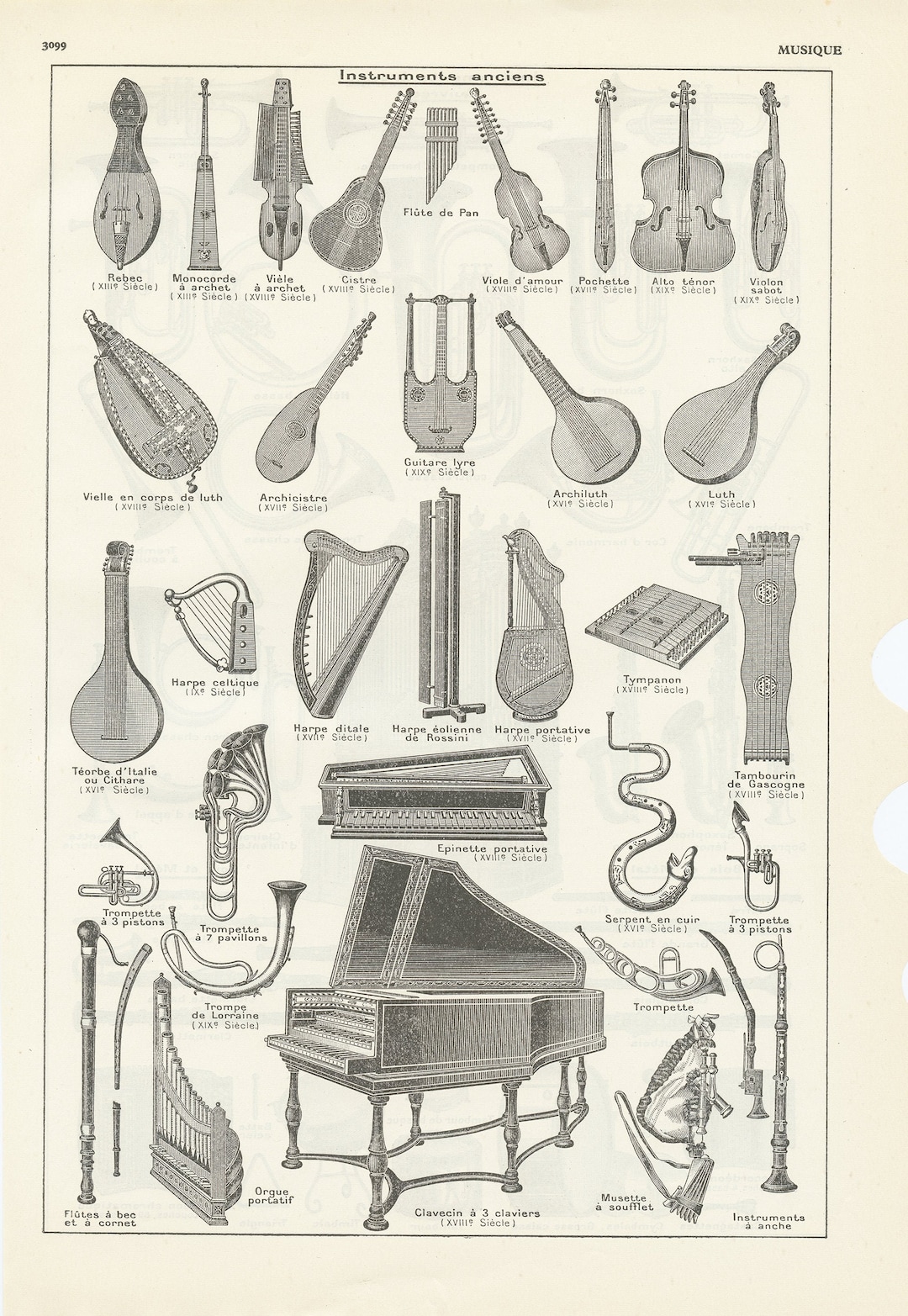 Antique Ancient Musical Instruments Print From 1938. Harpsichord Vielle ...