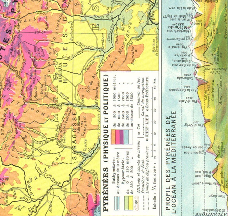 Pyrenees 1936 Vintage Map Wall Hanging Pyrenees Map Mountain - Etsy