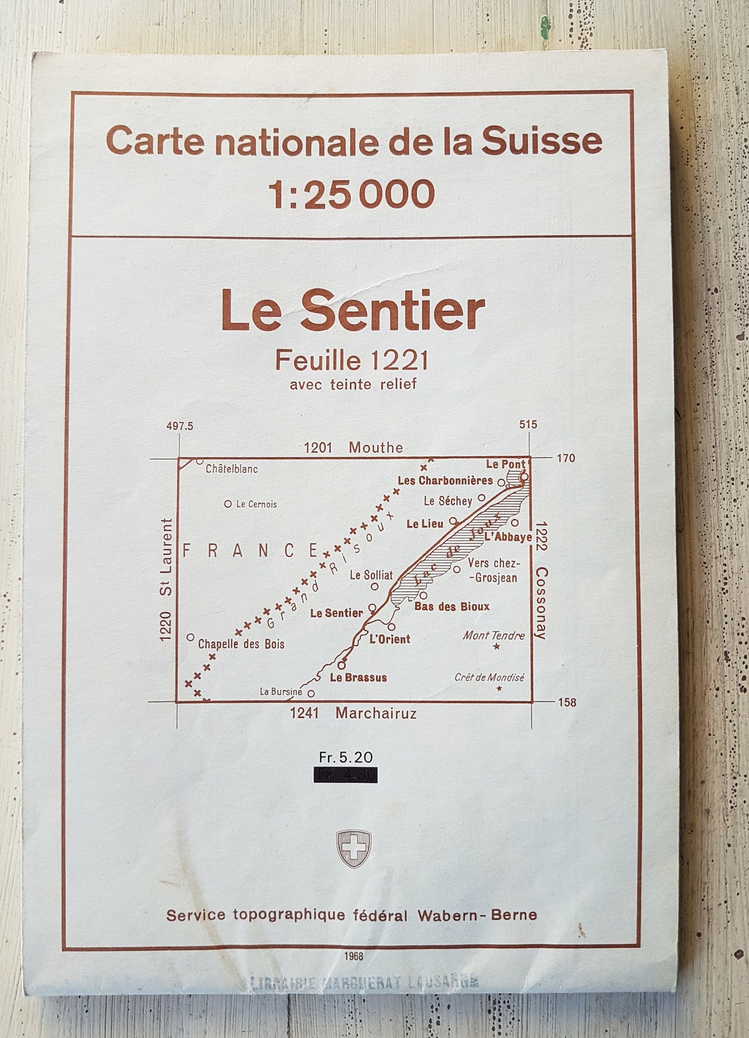Le Sentier Topographic Map 1968. Vaud Switzerland. Large Joux Lake ...