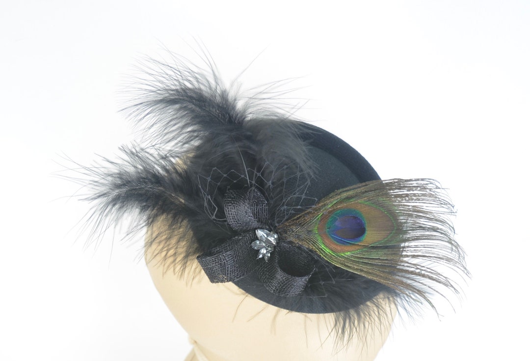 Fascinator Headpiece With Peacock and Black Feathers and Vintage Jewels ...