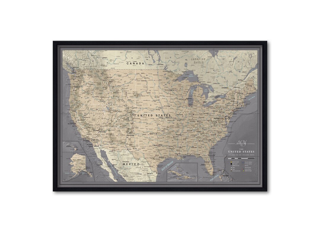 United States Push Pin Map - Framed USA Pinboard - Travel Map With Pins ...