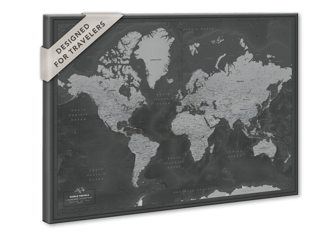 Personalized Push Pin Map Black and Gray World Map - Etsy