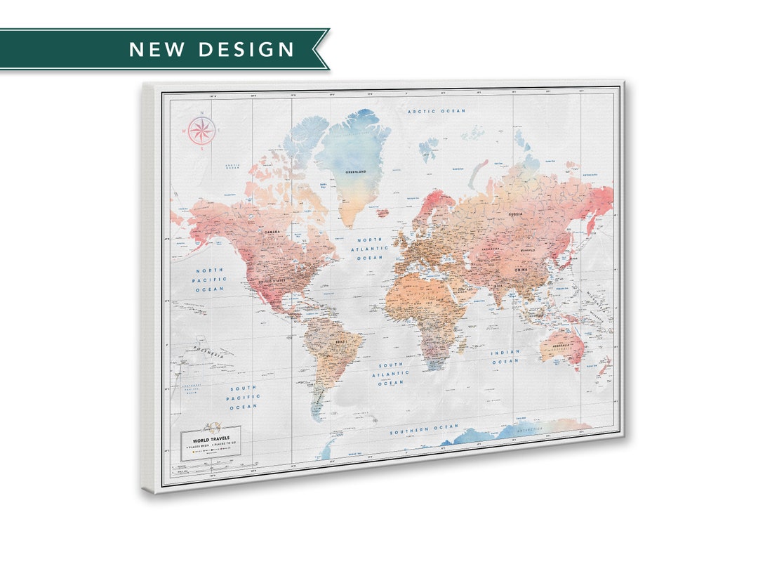 Travel Map With Pins on Canvas to Mark Where You Have Traveled - World ...
