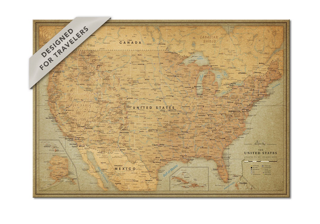 Antique US Map, Accurate USA Map Poster, Vintage Design Push Pin Travel ...