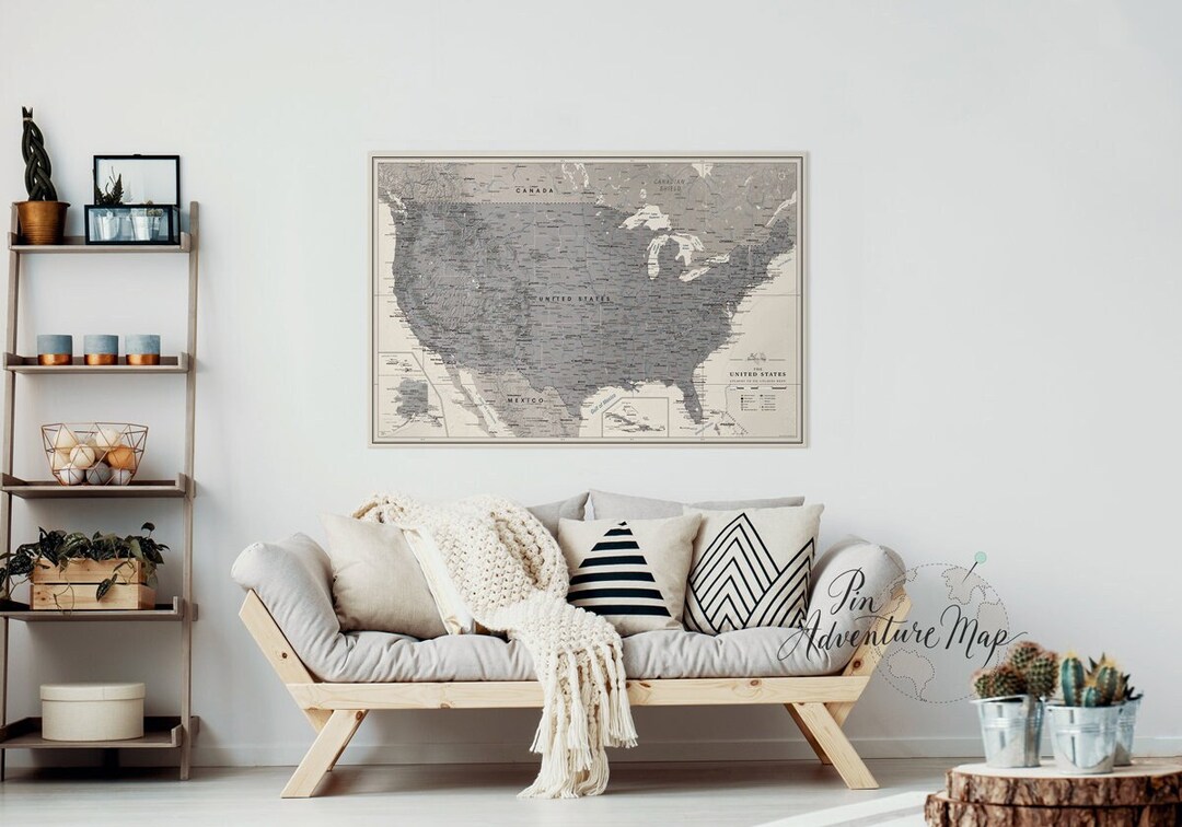 USA Push Pin Map in Grey, United States Map, USA Map Poster With Pins ...